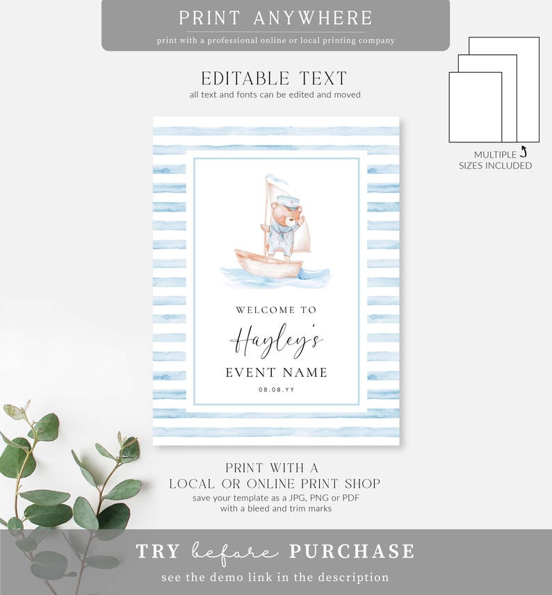 Sailor Teddy Bear Welcome Sign, Boy's First Birthday (printable ...