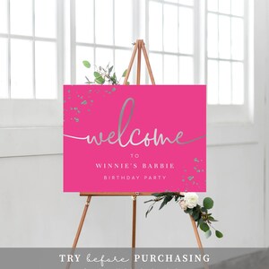 Editable Welcome Sign, Hot Pink Silver Printable Girls Birthday Welcome ...
