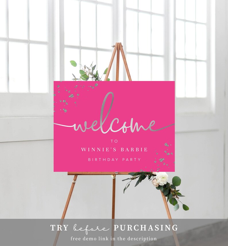 Editable Welcome Sign Hot Pink Silver Printable Girls - Etsy