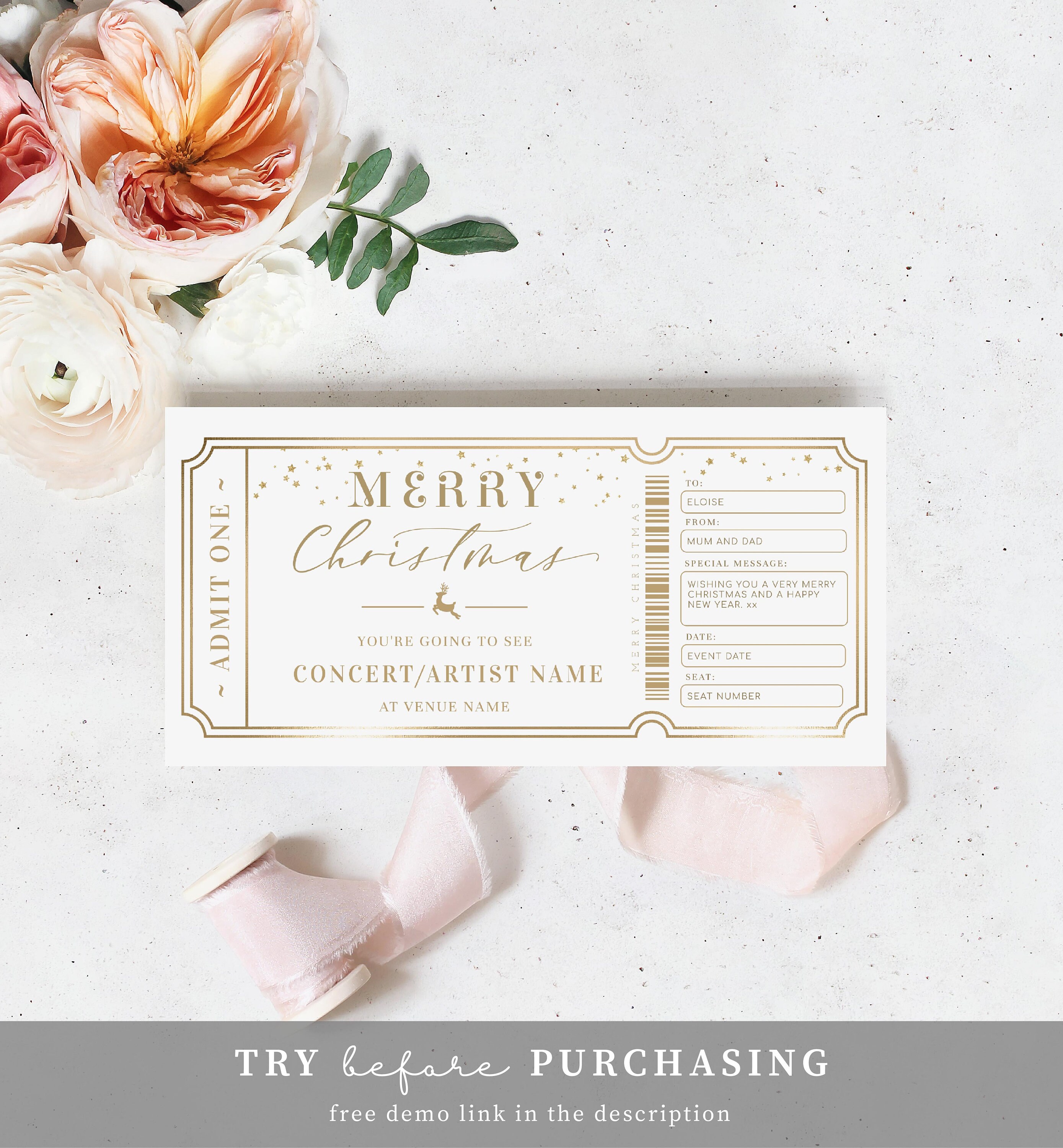 Custom Christmas Concert Ticket Gift Certificate Template (digital ...