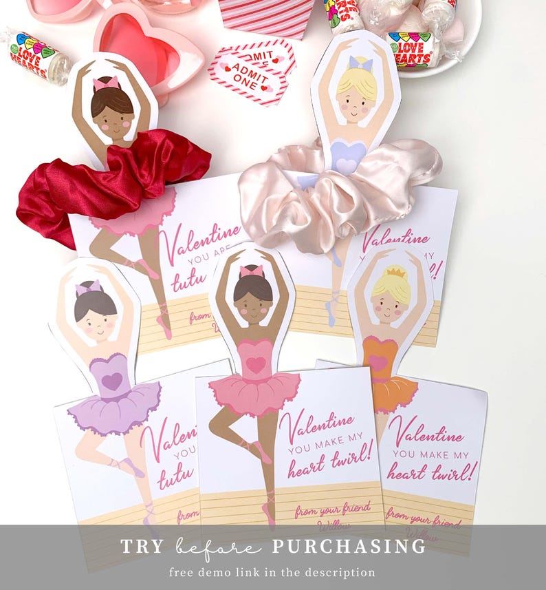 Printable Valentine's Day Scrunchie Tag Template, Ballerina Valentine's ...