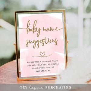 Baby Name Suggestions Card and Sign Templates, Pink Watercolour Gold ...