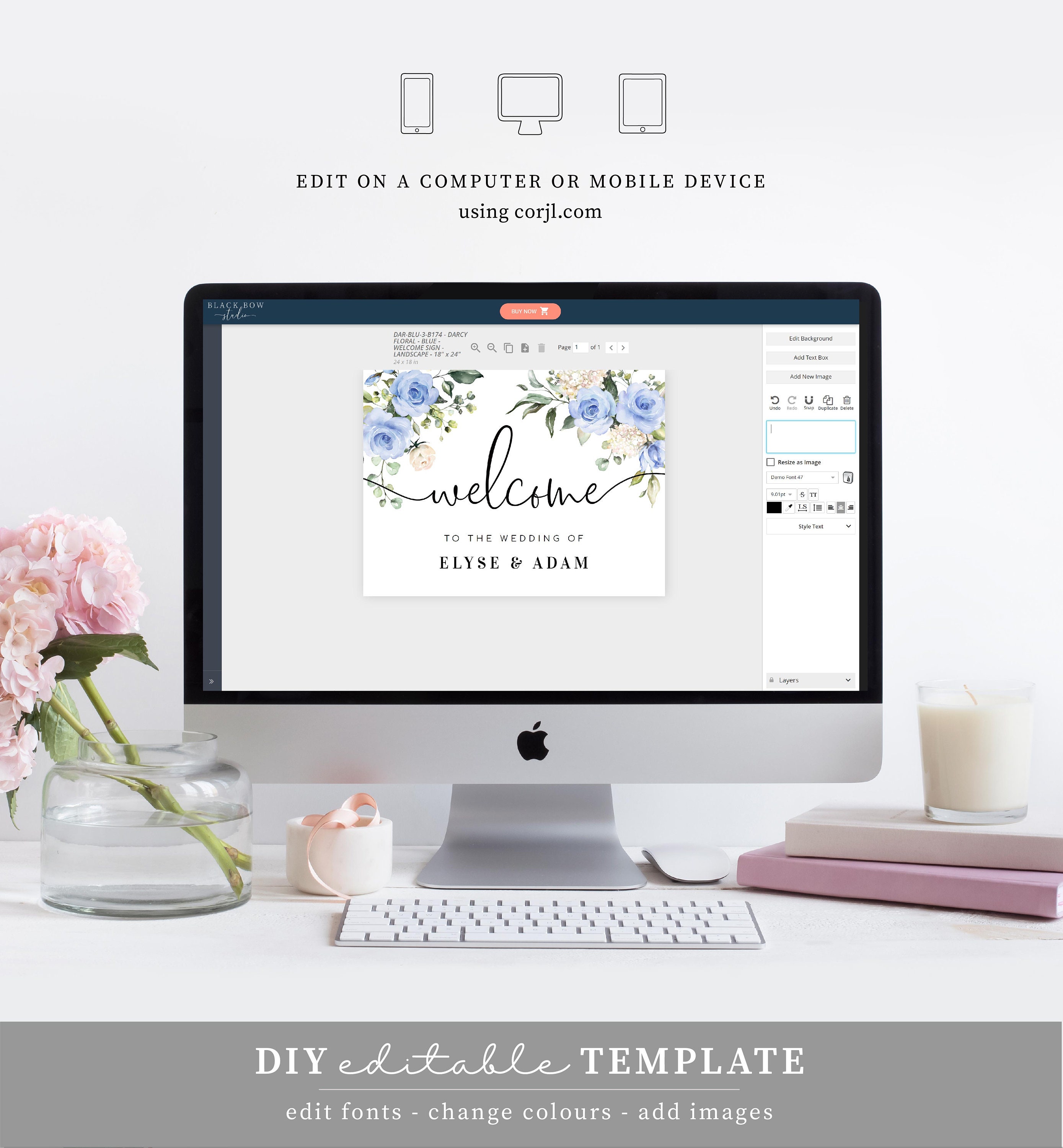 Blue Floral Welcome Sign Landscape Greenery Printable | Etsy