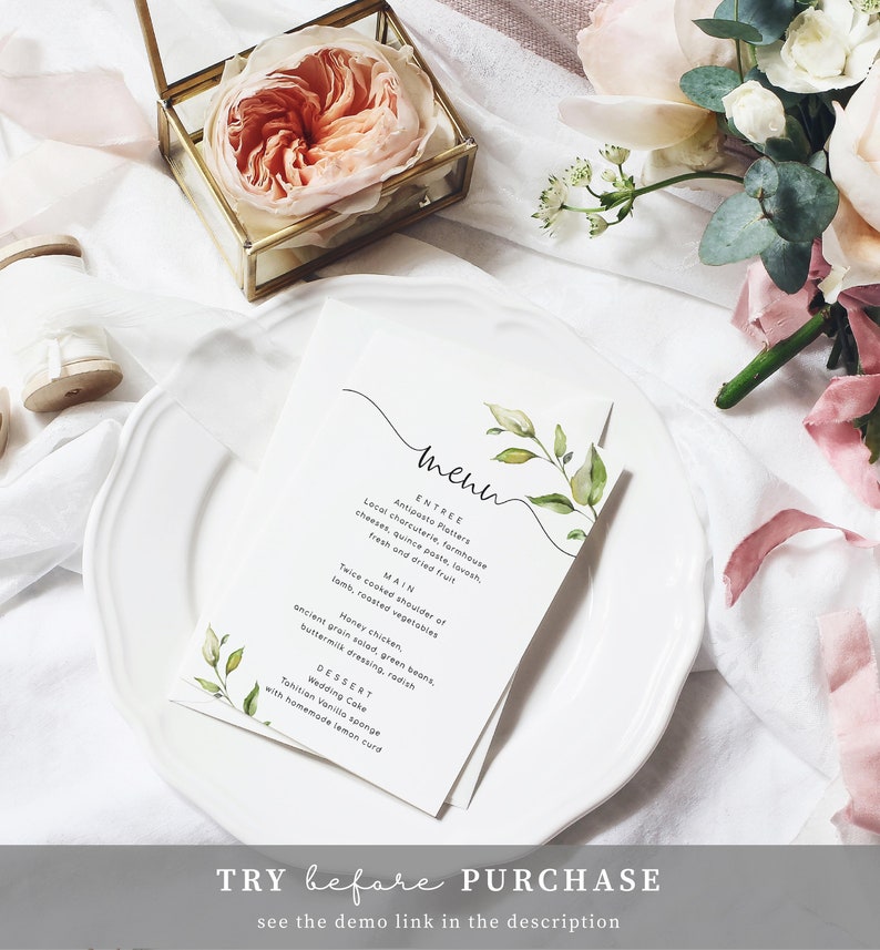 Greenery Editable Printable Menu Template Modern Minimal | Etsy