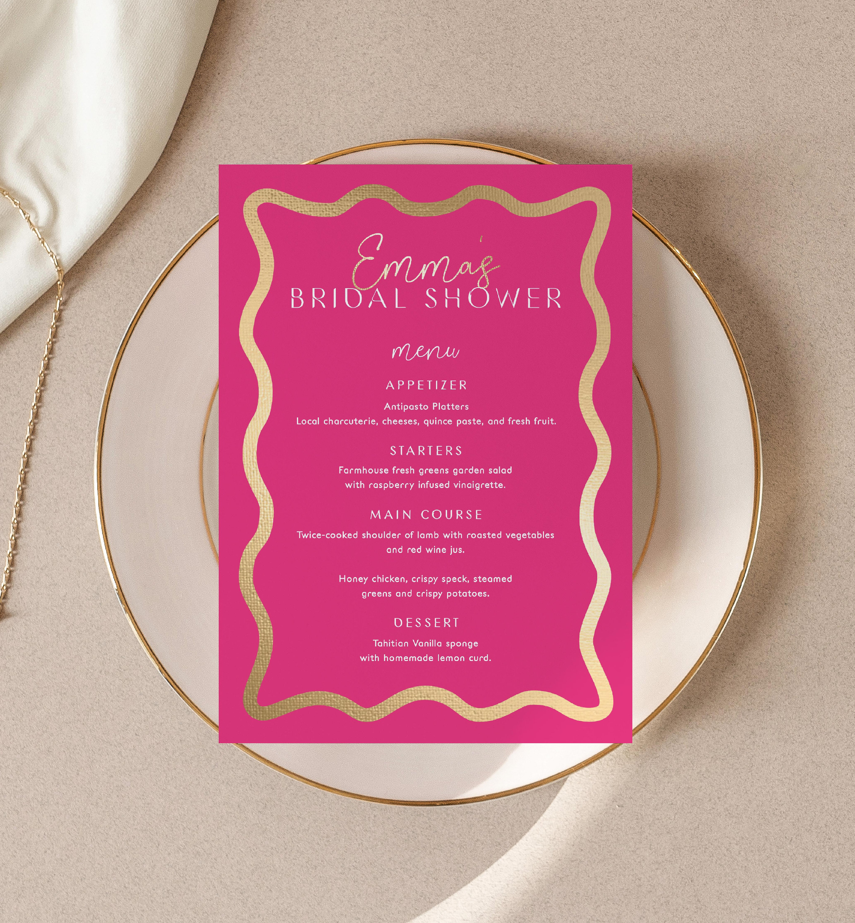 Printable Bridal Shower Menu Template, Wave Curvy Line, Hot Pink Gold ...