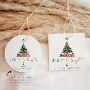 Printable Merry and Bright Gift Tag, Christmas Tree Gift Label, Custom ...