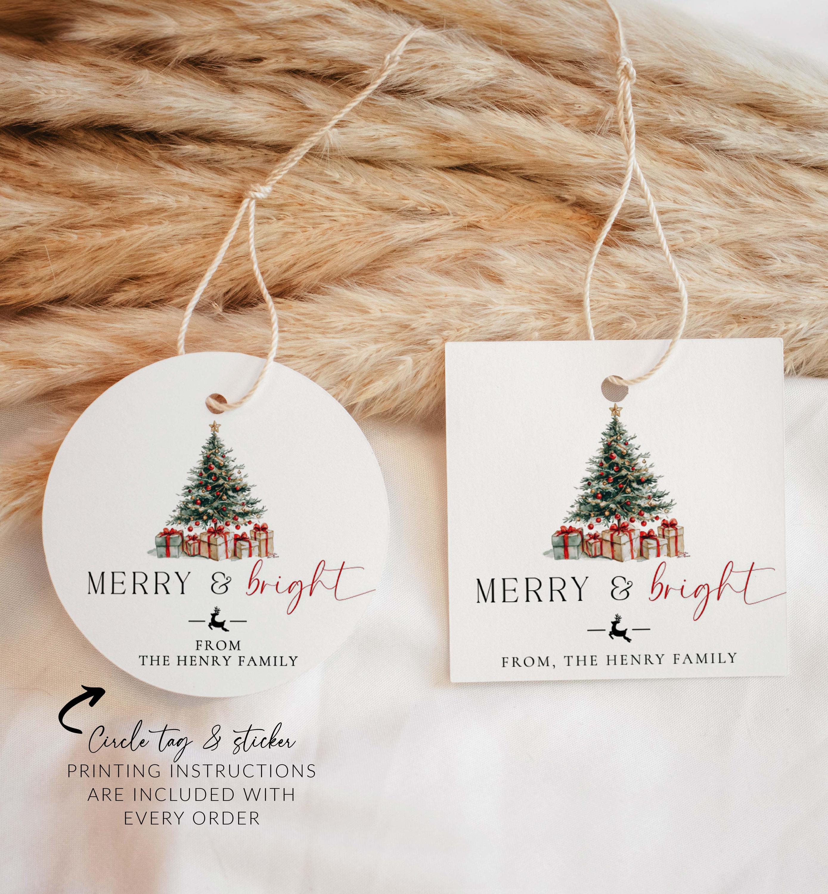 Printable Merry and Bright Gift Tag, Christmas Tree Gift Label, Custom ...