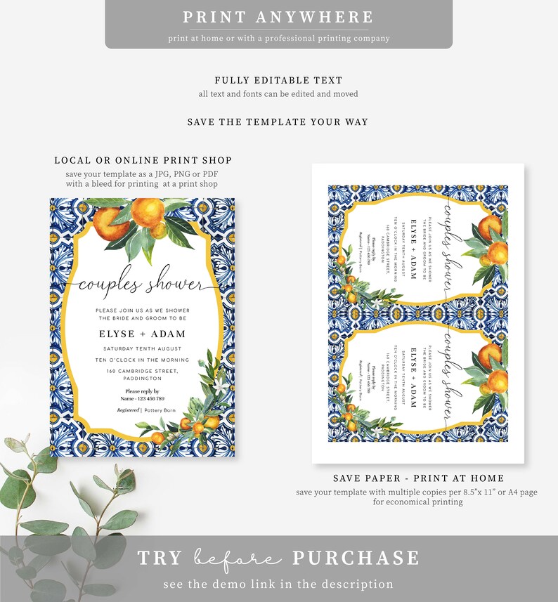 Couples Shower Printable Invitation Positano Blue Tile - Etsy