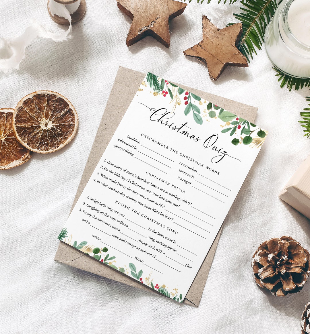 Printable Christmas Quiz - Editable Christmas Holly Greenery Festive ...