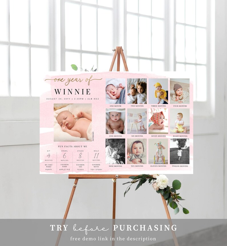 Printable Pink Watercolor First Birthday Photo Timeline Sign, 1st ...