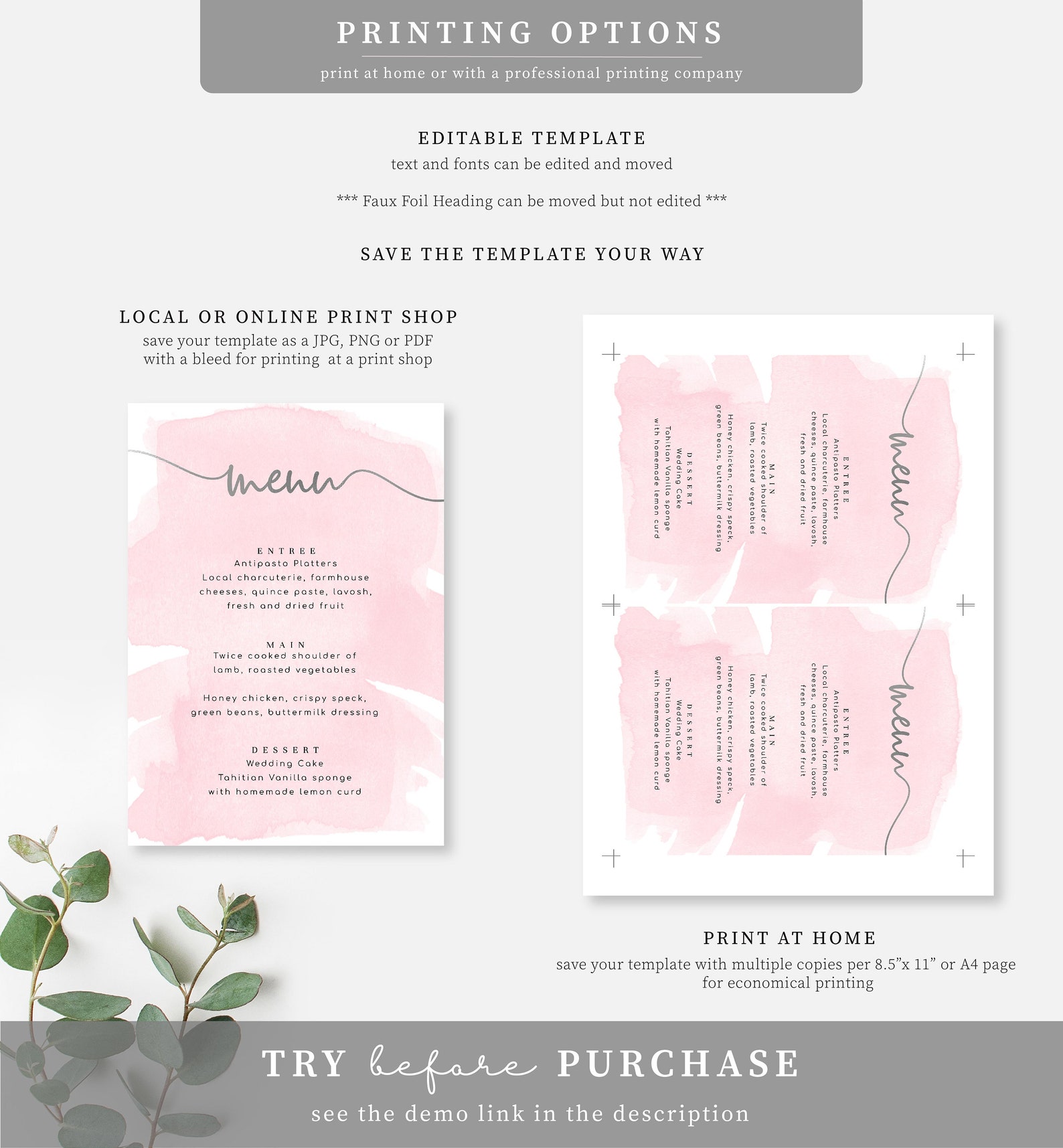 Editable Menu Template Pink Watercolour Silver Foil - Etsy