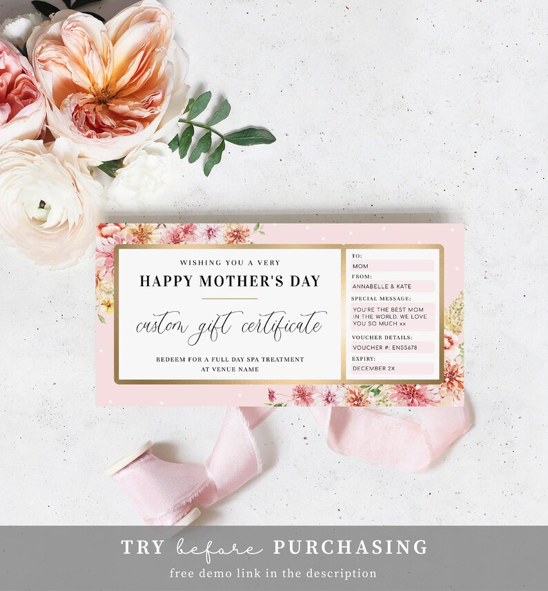 Happy Mother's Day Gift Voucher Fully Custom Printable | Etsy