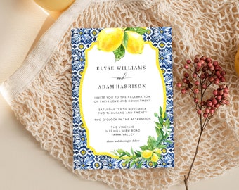 Positano Blue Tile Lemons Wedding Invitation Template | Etsy