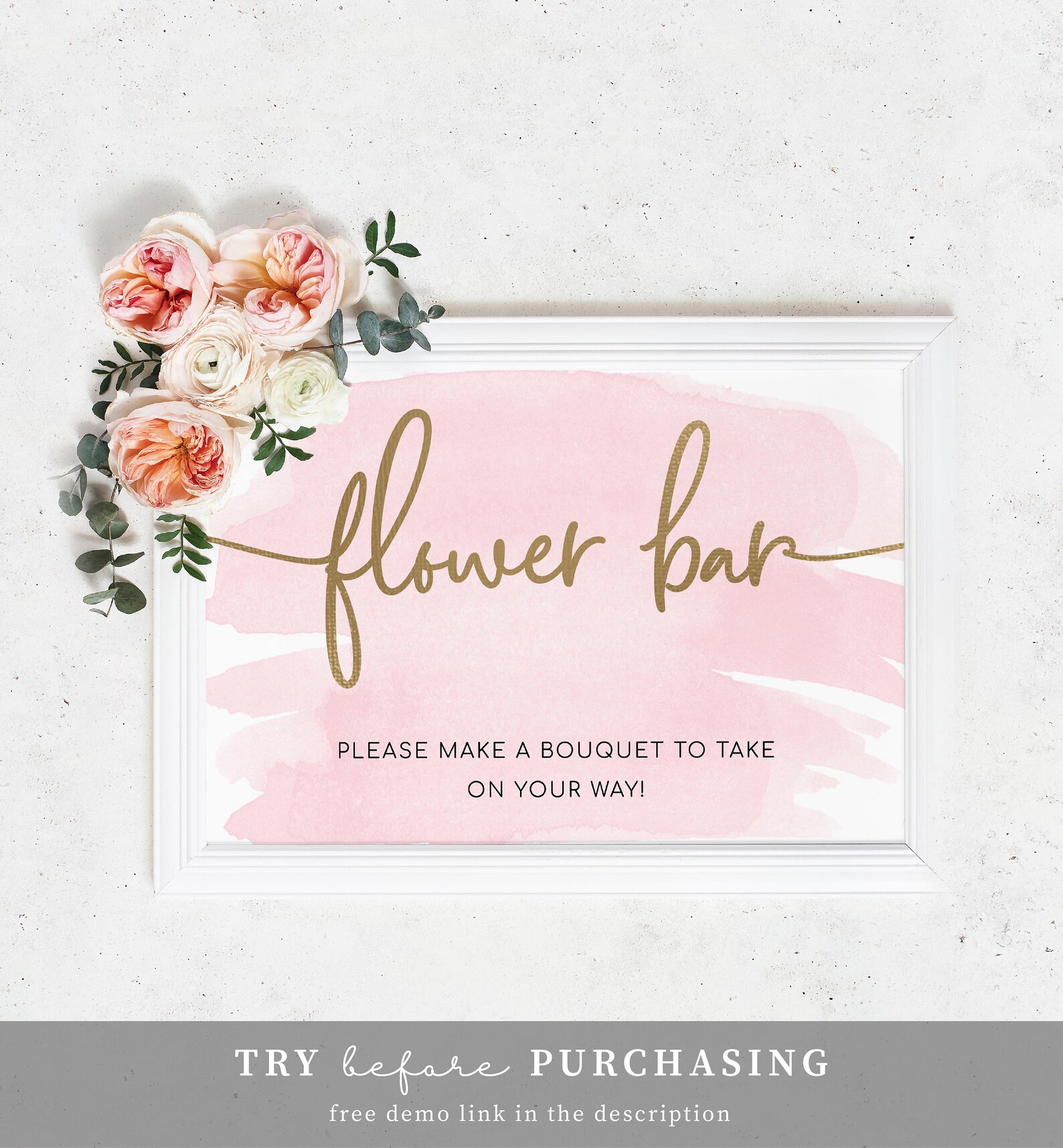 Floral Flower Bar Sign Printable Pink Watercolour Bridal | Etsy