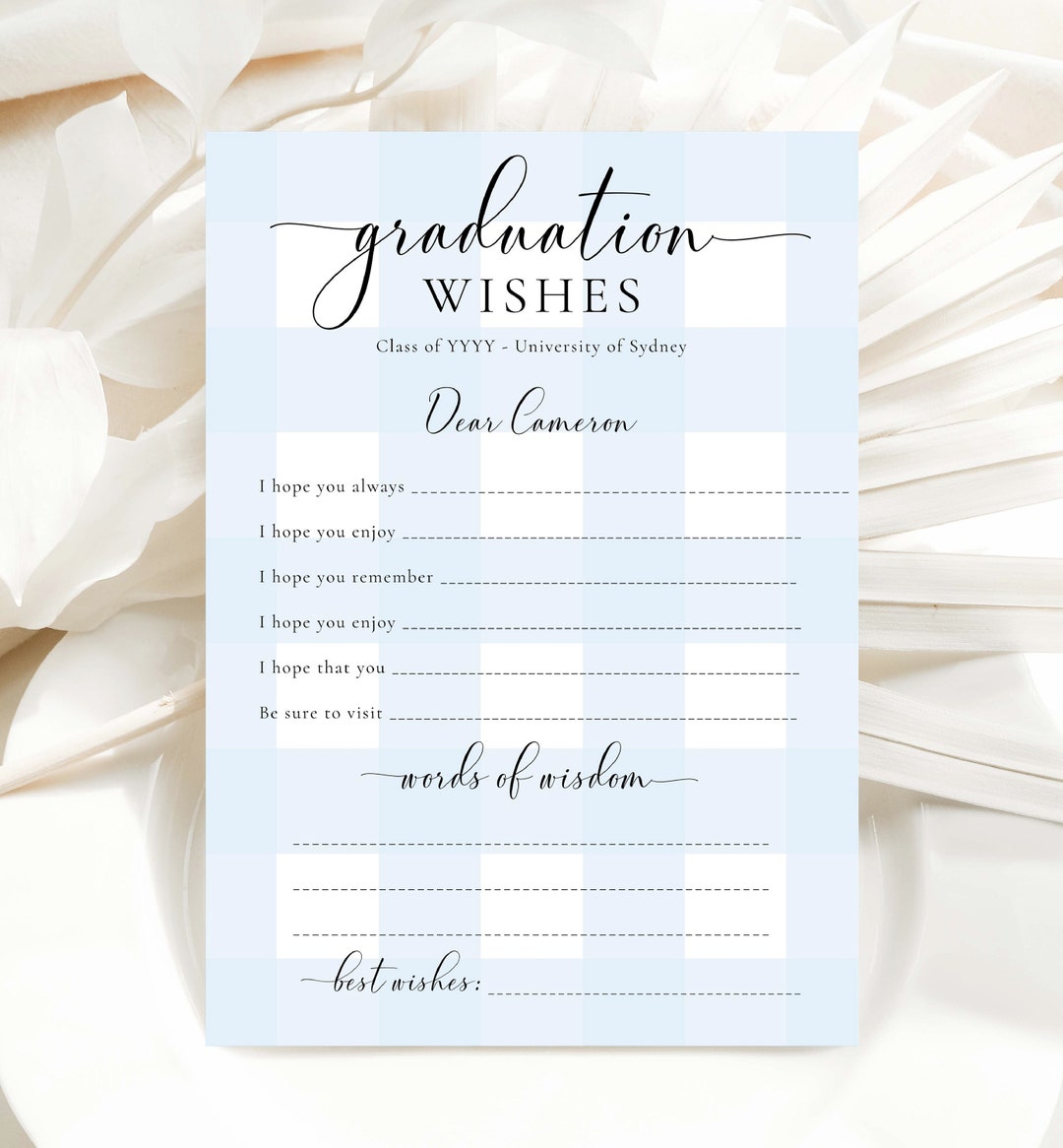 Printable Graduation Wishes, Blue Gingham Graduation Keepsake, Words of ...