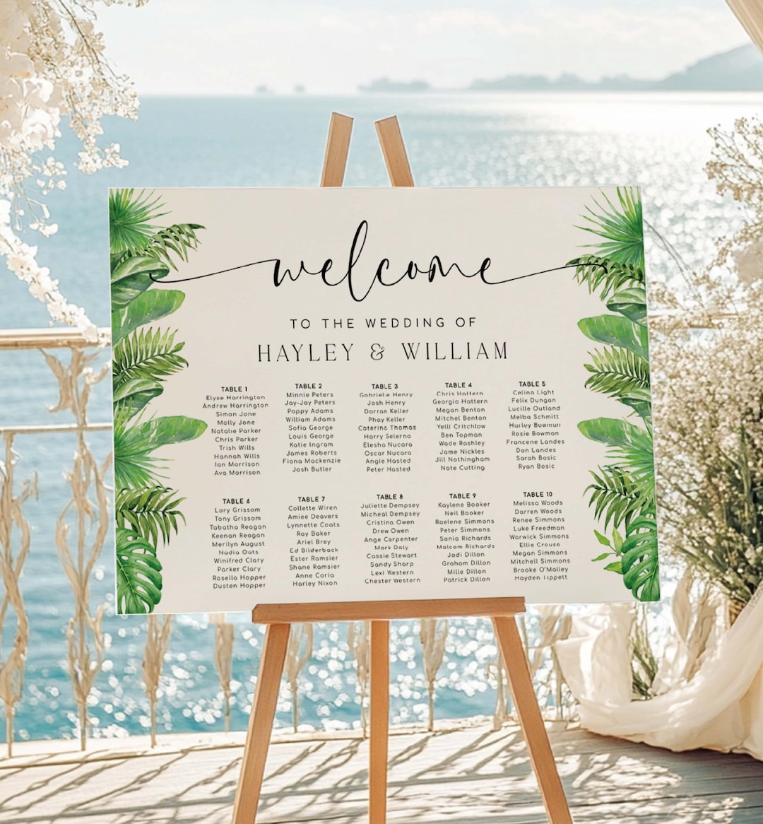 Tropical Wedding Seating Chart Template: Palm Greenery, Nantucket Font ...
