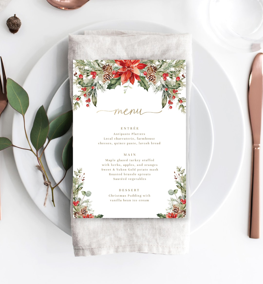Christmas Menu Card, Christmas Wreath Dinner Menu, Holiday Menu ...