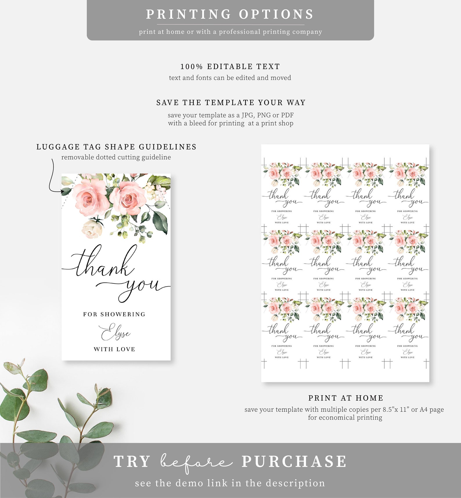 Printable Floral Thank You Favor Tag Greenery Favor Tag - Etsy