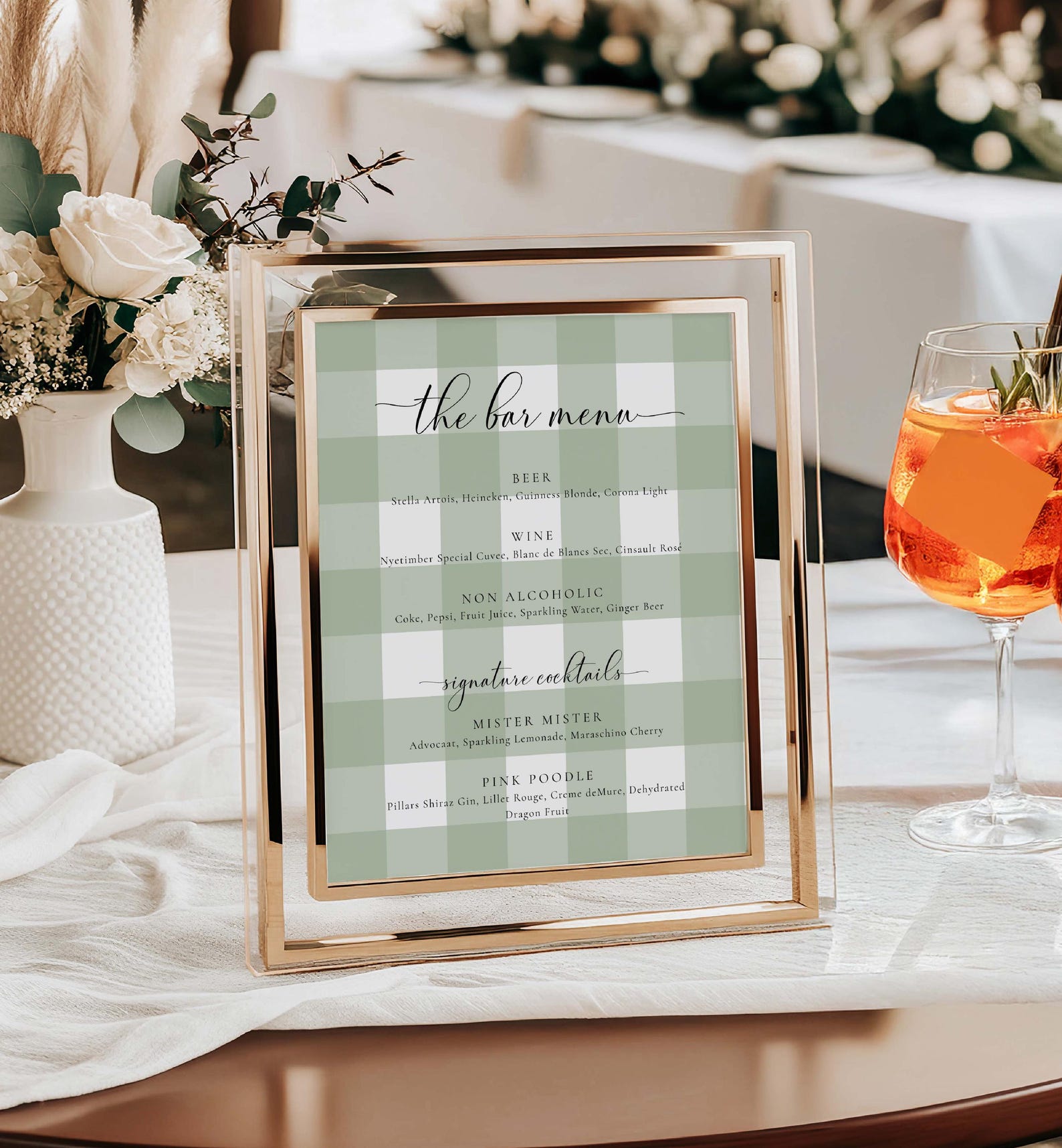 Printable Sage Green Gingham Bar Menu Template, Fall Baby Shower Drinks ...