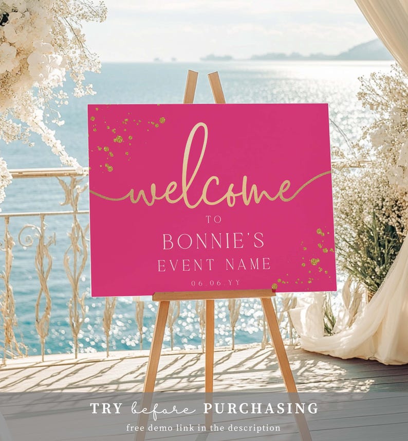 Editable Welcome Sign, Hot Pink Gold Printable Girls Birthday Welcome ...
