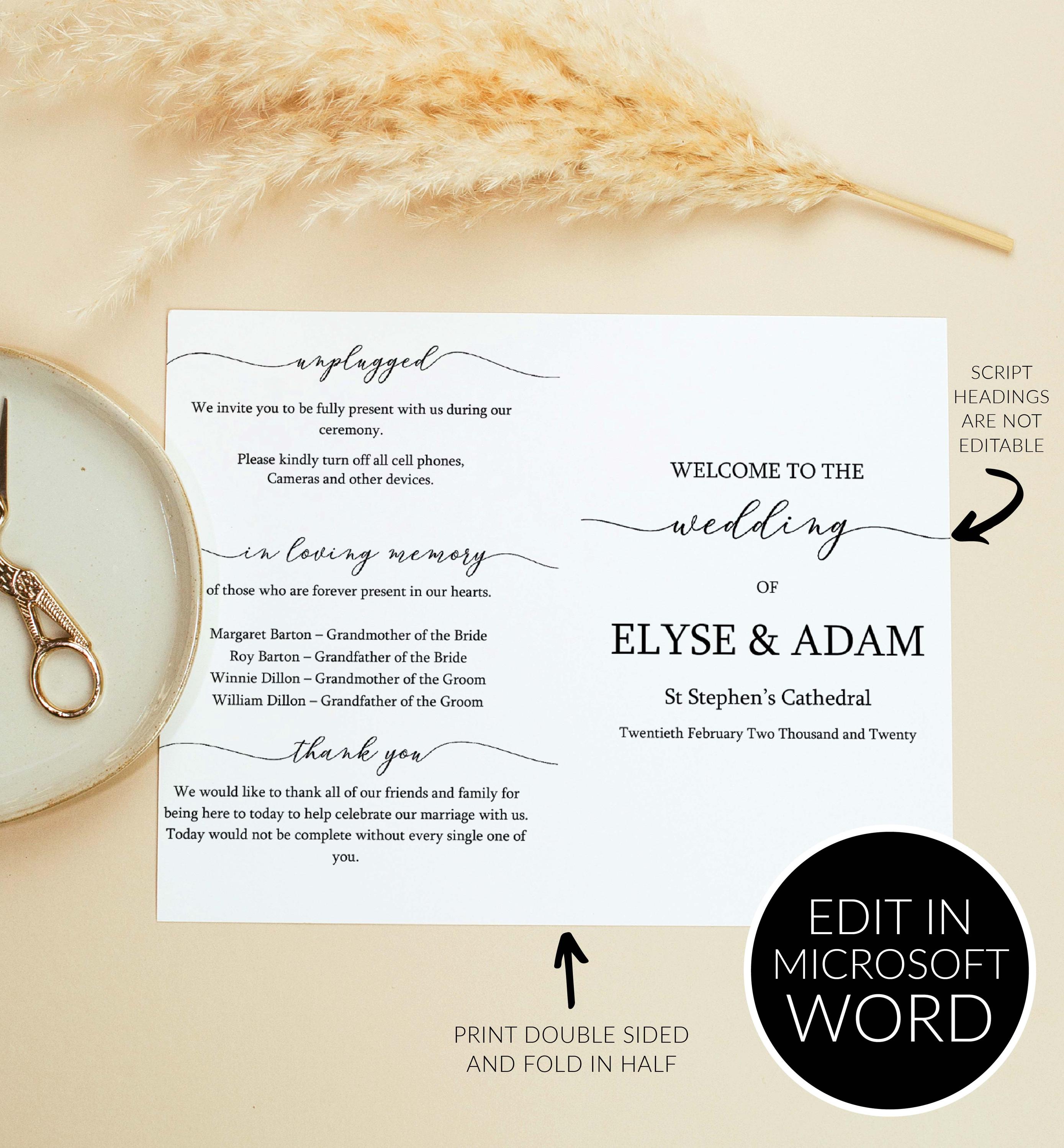 Printable Wedding Program Booklet Template, Order of Ceremony (edit in ...