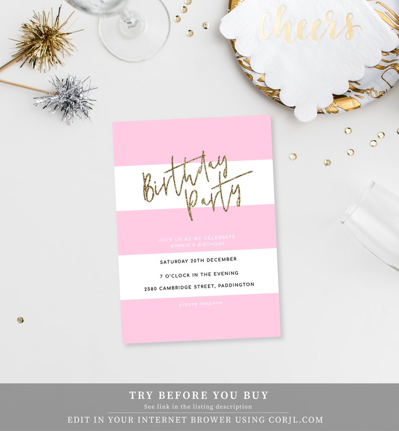Birthday Party Printable Invitation Pink and White Stripe | Etsy