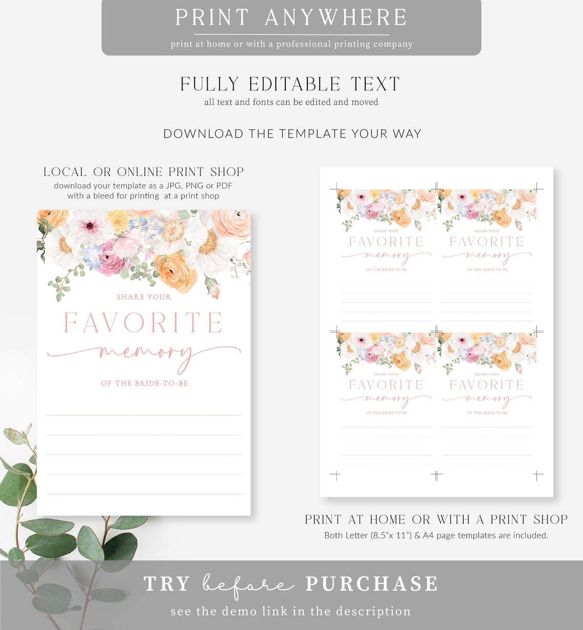 Boho Floral Bridal Shower Game, Favorite Memory Sign & Card (printable ...