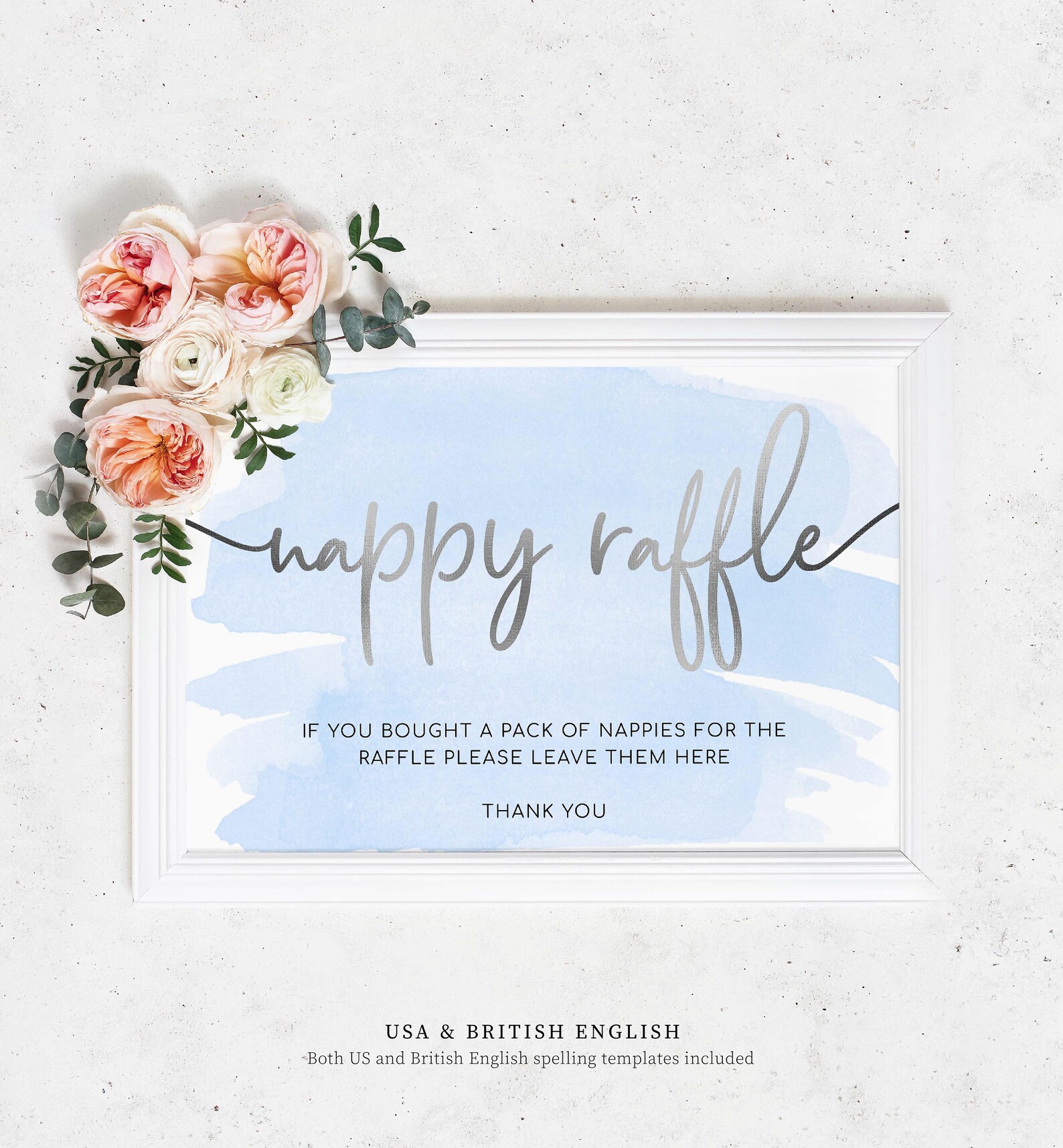 Diaper Nappy Raffle Ticket and Sign, Blue Watercolour Baby Shower ...