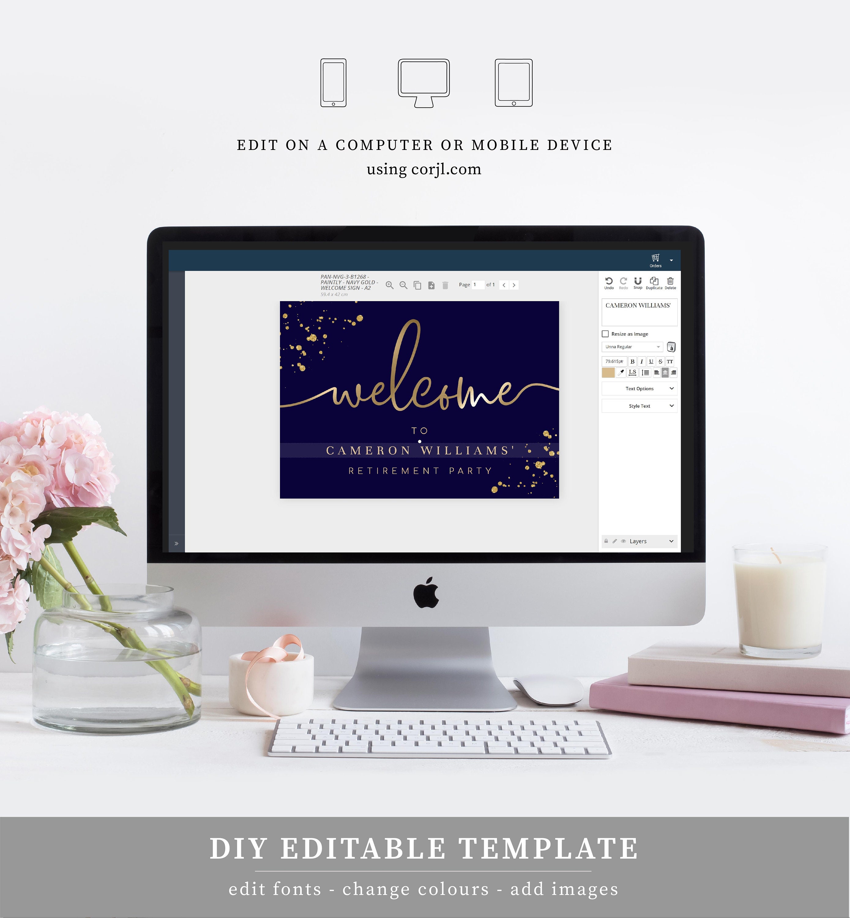 Editable Welcome Sign Navy Gold Printable Unisex Birthday | Etsy Australia