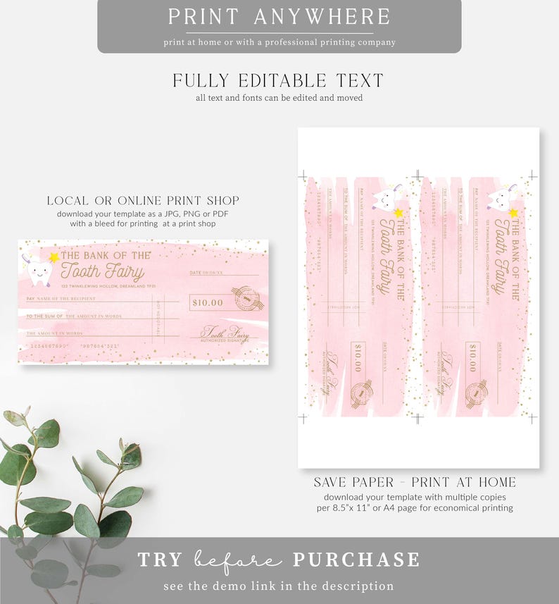 Printable Tooth Fairy Cheque, Pink Watercolor Voucher (digital Download ...