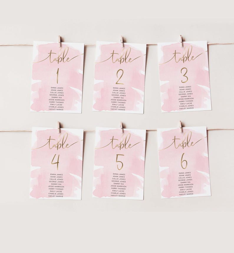 Printable Table Numbers, Pink Watercolour Gold, 1 - 21 Table Numbers ...