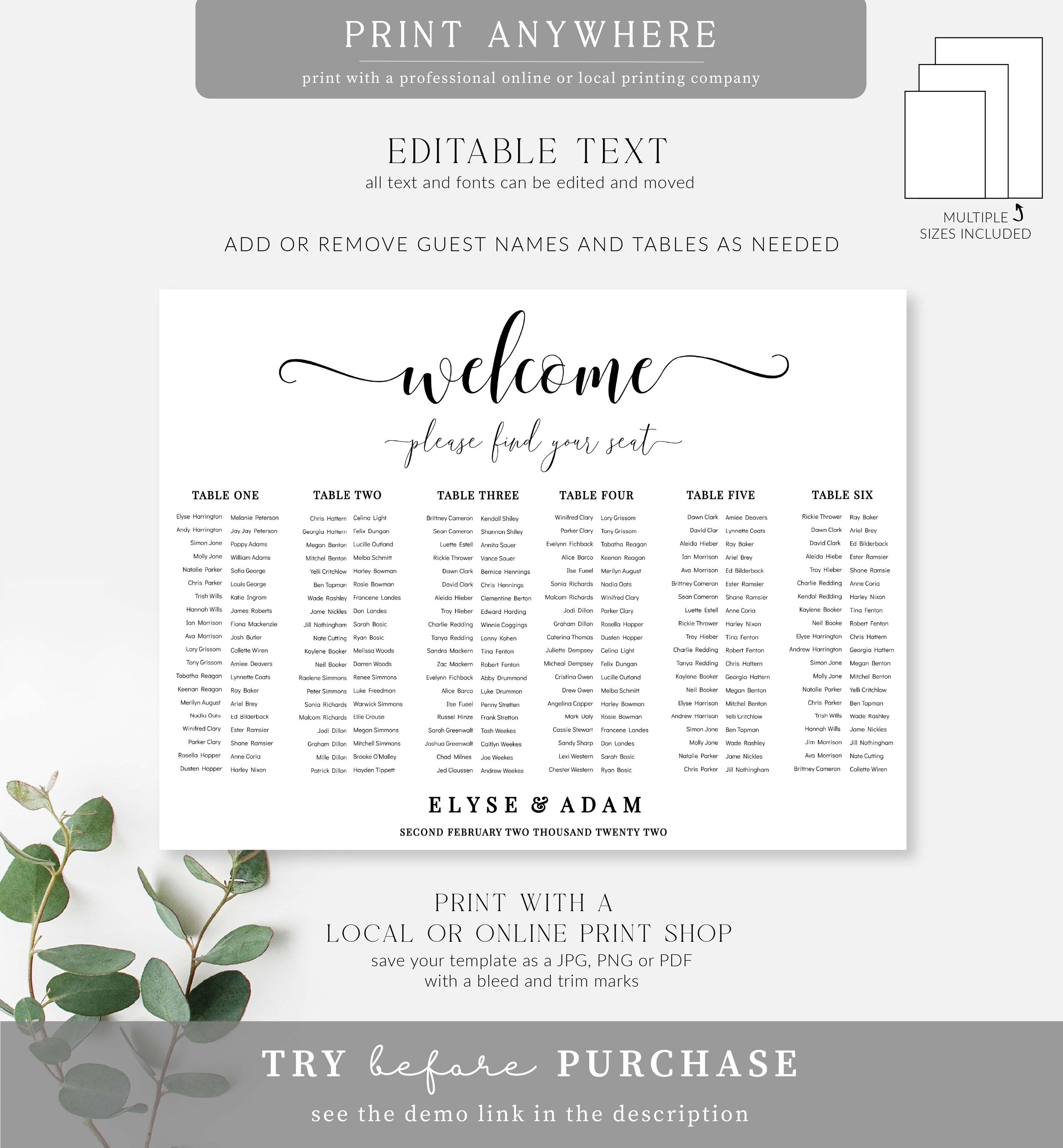 Printable 6 Long Table Seating Chart, Printable Editable Wedding Table ...