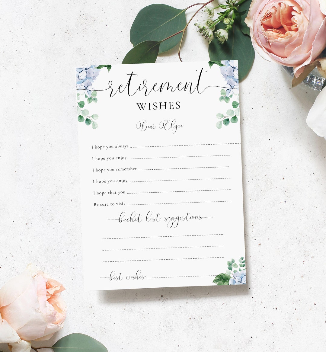 Printable Retirement Wishes Template, Blue Hydrangea Retirement ...