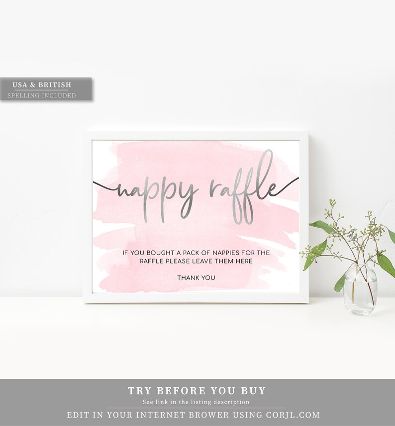 Diaper Raffle Sign and Raffle Ticket Pink Watercolour | Etsy