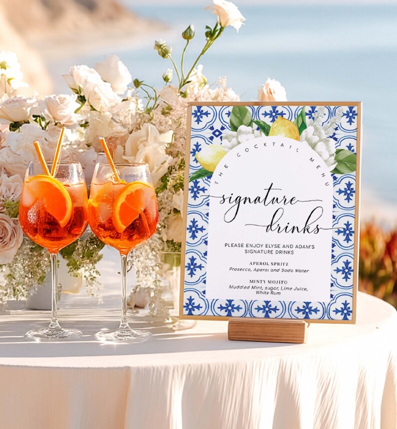 Printable Signature Drinks Sign, Mediterranean Blue Tile, Italian ...