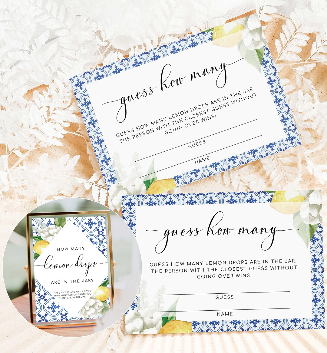 Guess How Many Sign and Cards, Mediterranean Blue Tile Lemons Printable ...