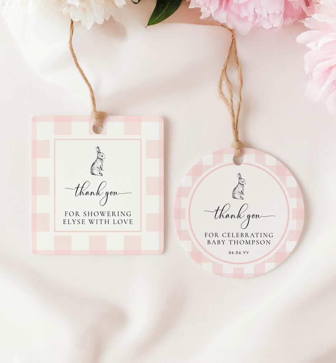 Printable Thank You Favour Tag Template, Pink Gingham Check, Bunny ...