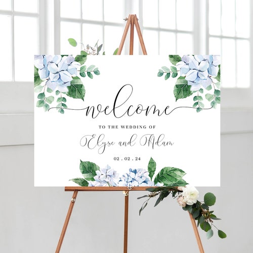 Blue Hydrangea Wedding Welcome Timeline Sign Template - Etsy