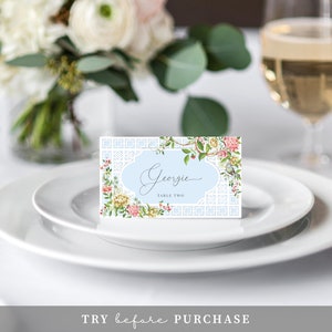 Editable Printable Place Card Template - Floral Chinoiserie Lattice ...
