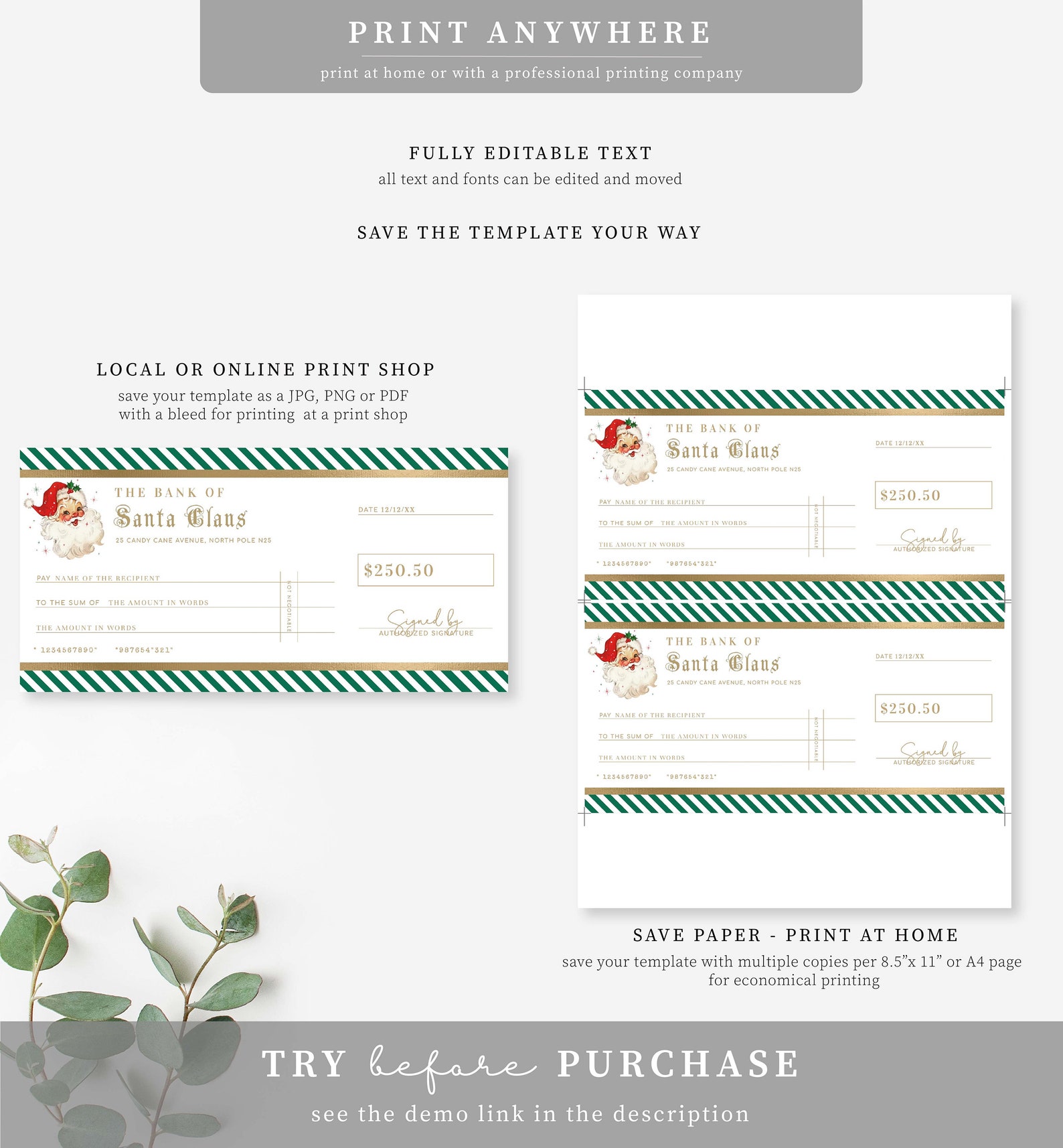 Santa Bank Christmas Cheque, Fake Bank Cheque Gift Voucher, Custom ...