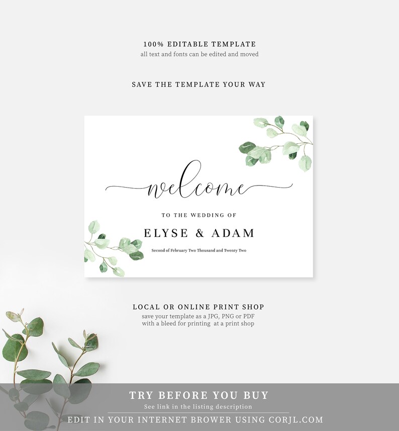 Eucalyptus Greenery Modern Welcome Sign Editable Minimalist - Etsy