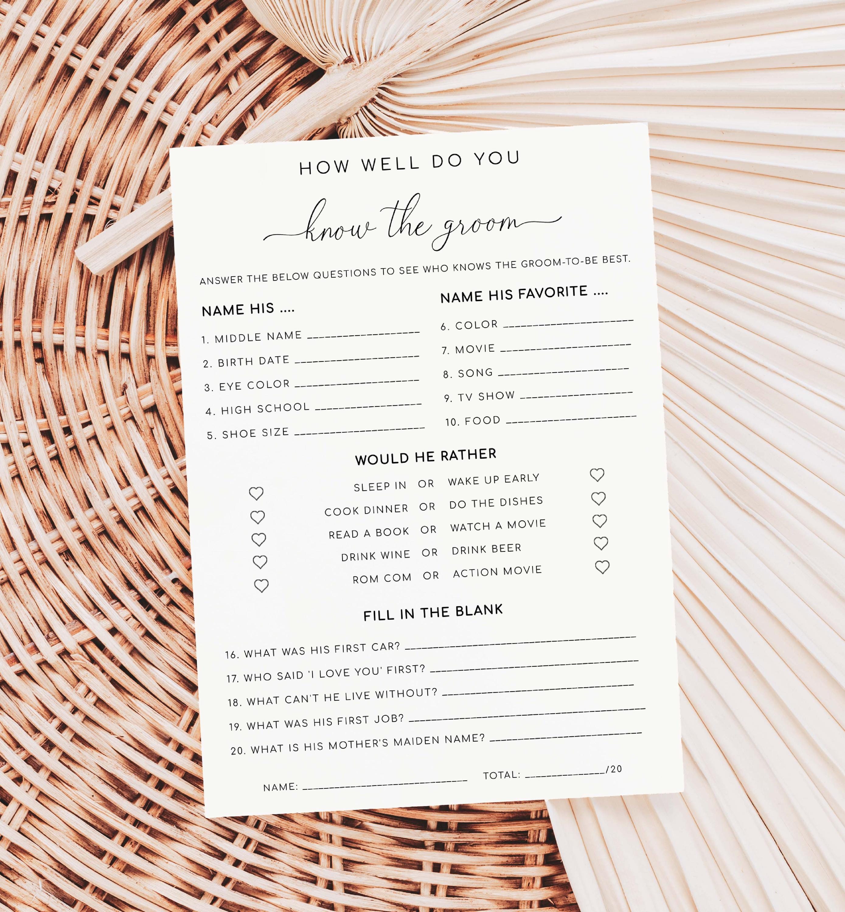 How Well Do You Know Groom Game, Minimalist Bridal Shower Quiz (digital ...