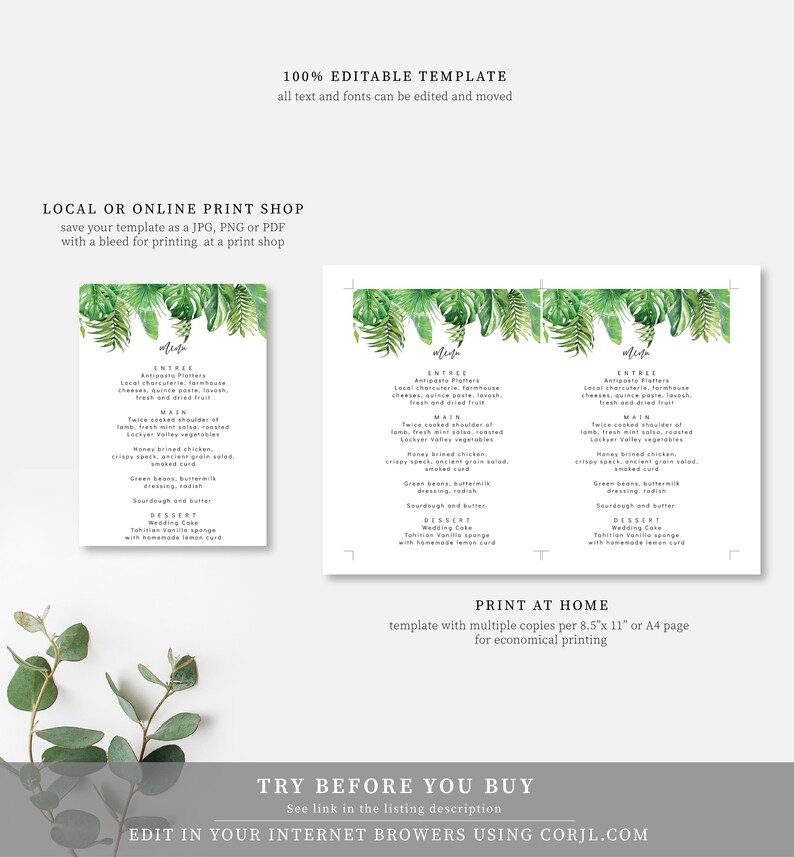 Tropical Palm Editable Menu Template Wedding Menu DIY Menu - Etsy