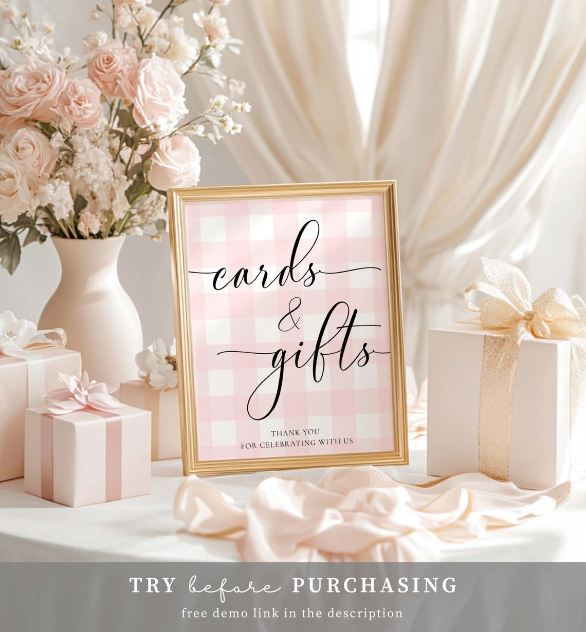 Printable Cards and Gifts Sign, Pink Gingham Check, Girl Baby Shower ...