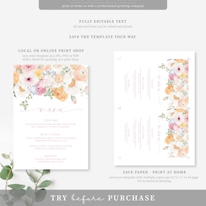 Floral Menu Template, Printable Brunch Menu, Bridal Shower Lunch Menu ...
