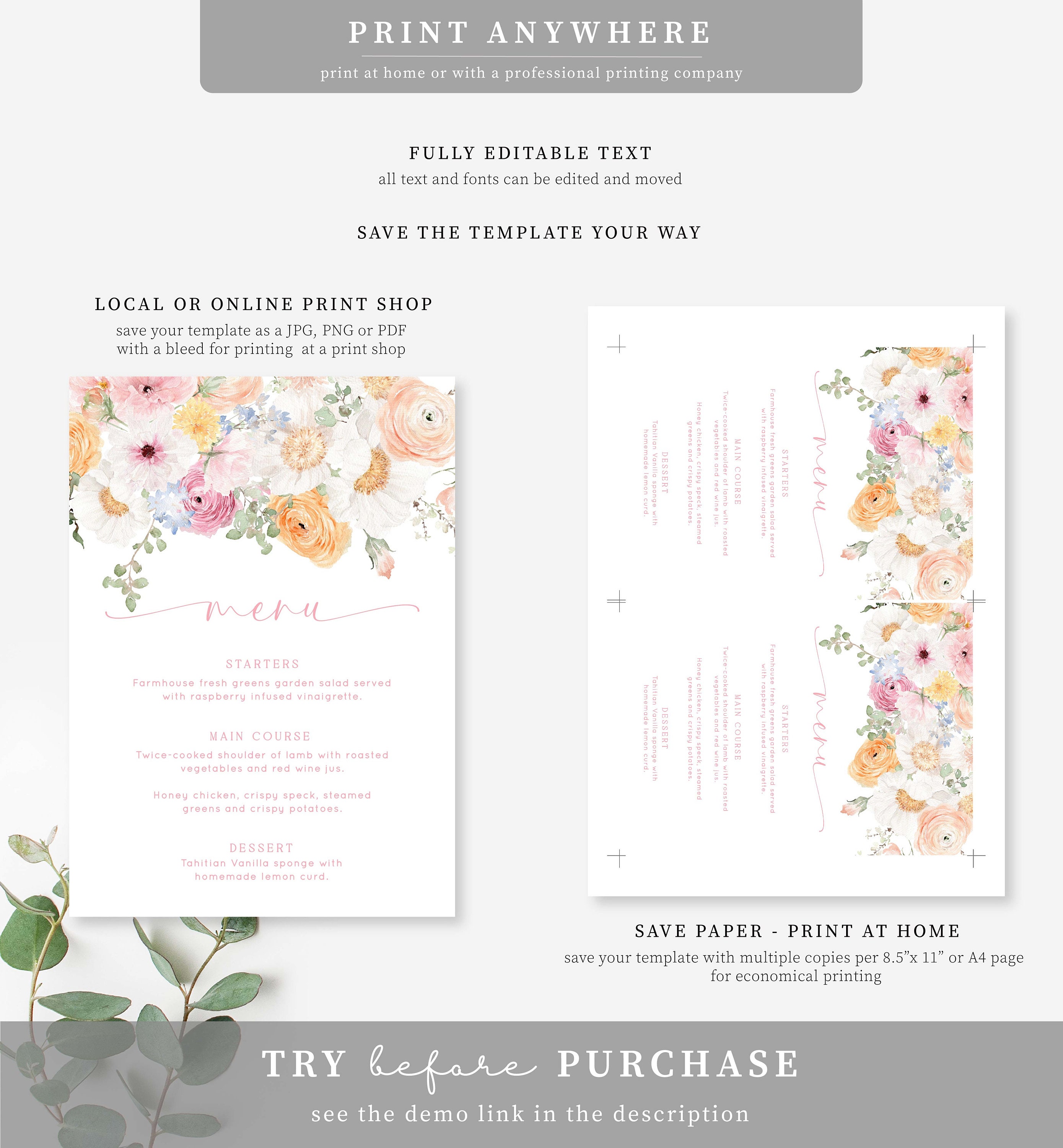 Floral Menu Template, Printable Spring Brunch Menu (digital Download ...