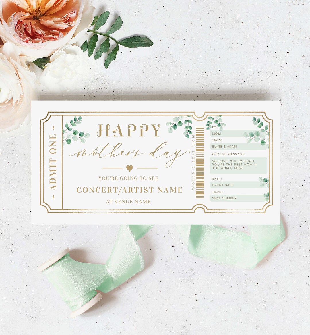 Mother's Day Concert Ticket Gift Voucher Template, Custom Printable ...
