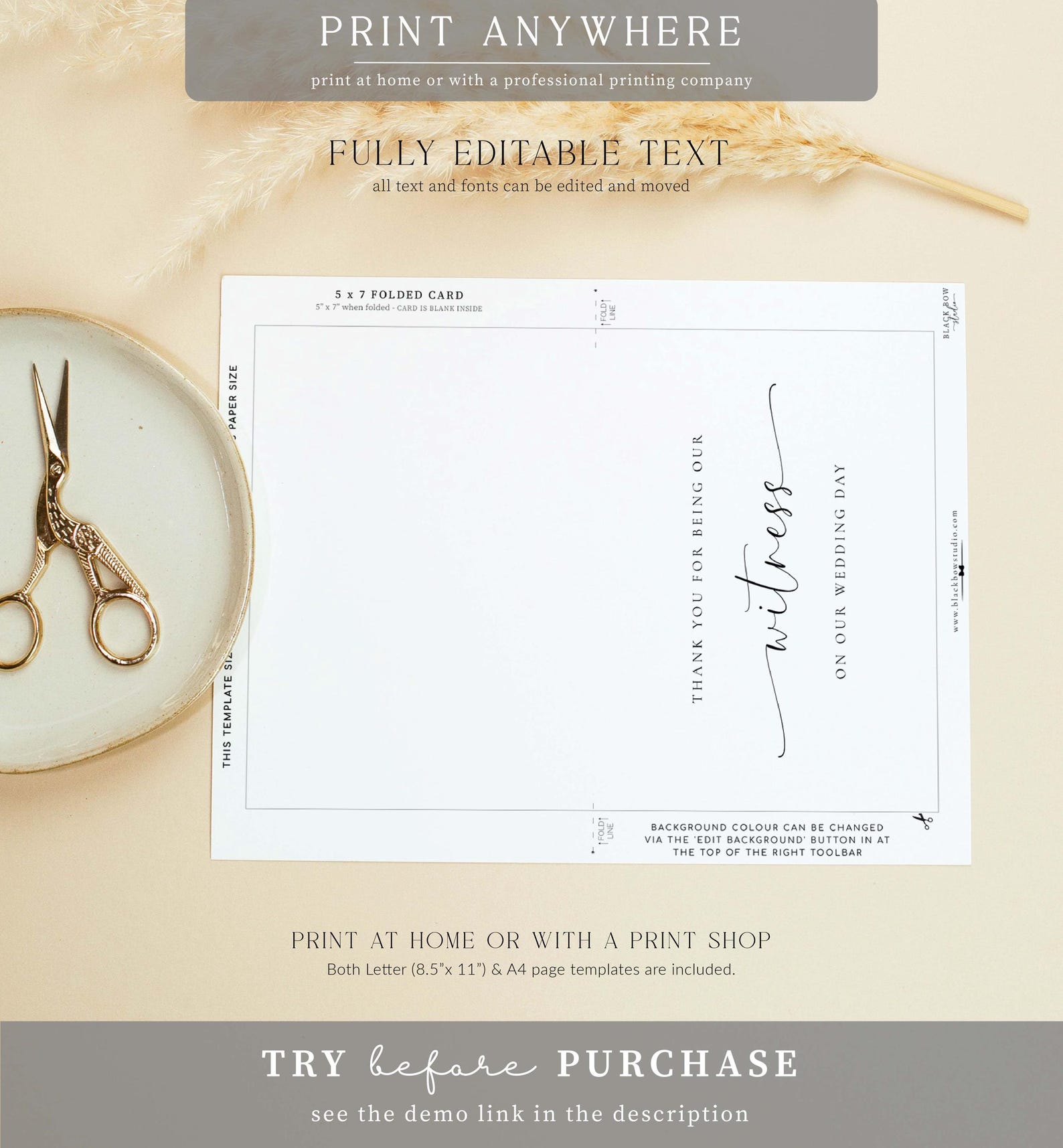 Printable Witness Thank You Card Template: Minimalist Wedding (5x7 Inch ...
