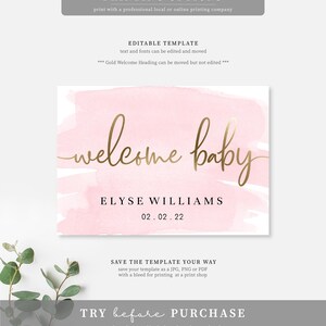 Welcome Baby Sign, Welcome Sign Template, Printable Pink Watercolour ...