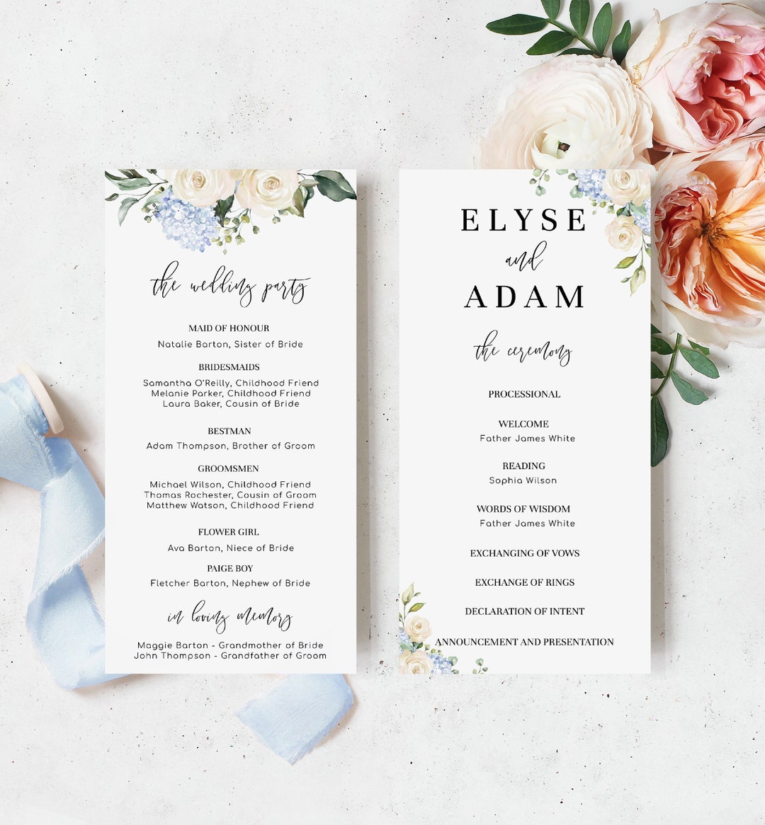 Printable Wedding Program Template, White Rose, Editable Wedding ...